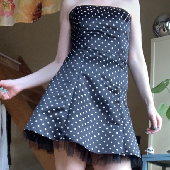 Gunne Sax | Dresses | Vintage 8s Gunne Sax Black Satin Strapless Polka ...